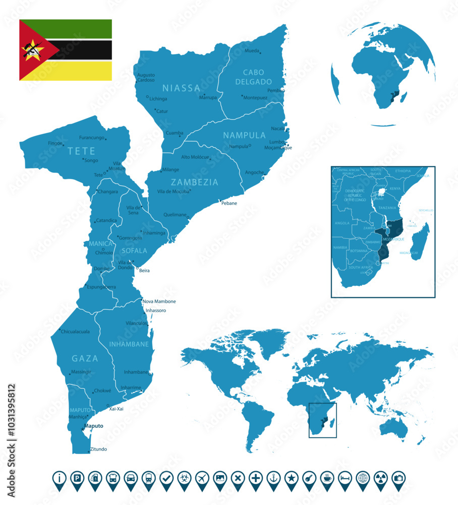 Poster Mozambique - detailed blue country map with cities, regions ...