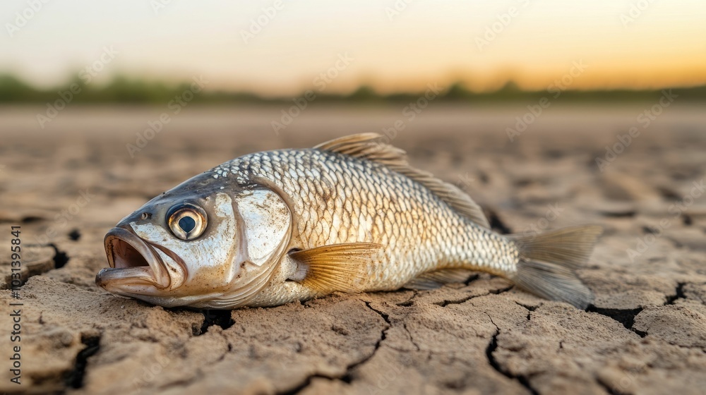 Closeup of a dying fish trapped in the cracked muddy ground of a dried ...