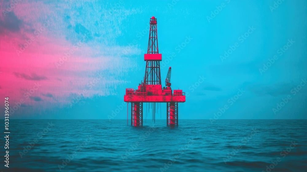 Abandoned offshore oil rig standing alone in the open ocean during a ...