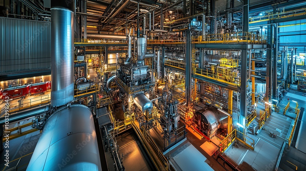 An industrial factory filled with complex systems, from boilers to ...