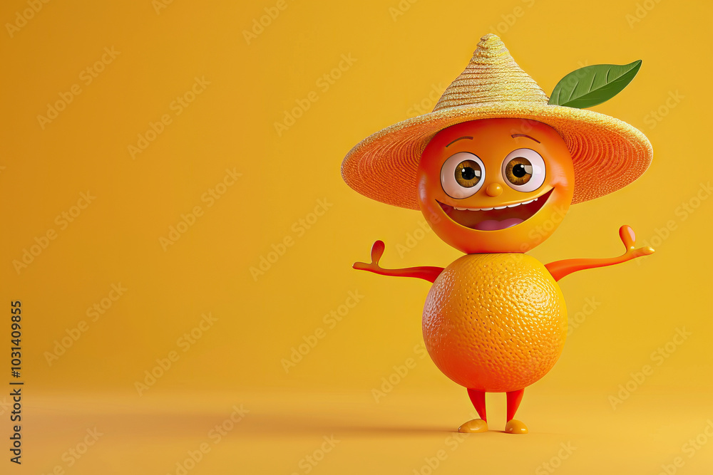 Cartoon orange character in straw hat smiling brightly, holding a ...