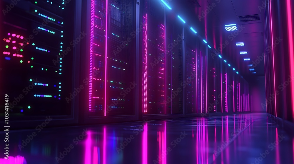 A modern data center with holographic data streams connecting server ...