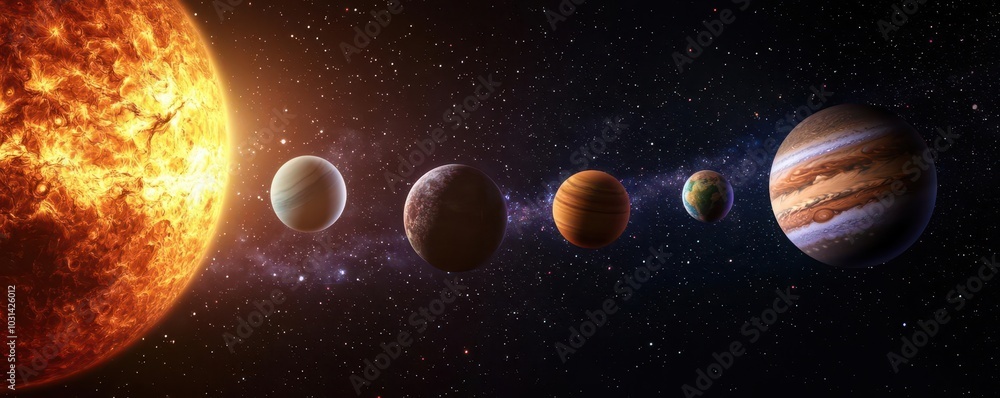 A stunning representation of the solar system featuring the Sun and its ...
