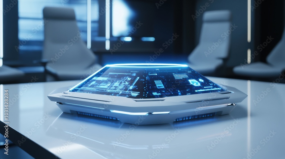 Futuristic holographic interface displayed on a sleek table in a modern ...