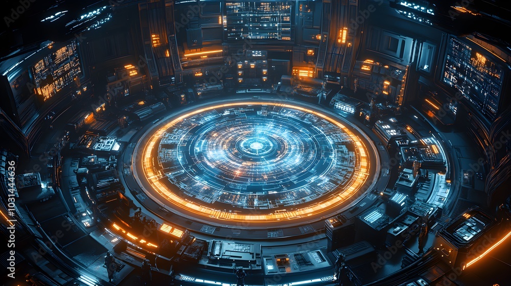 A detailed circular control room on a starship, glowing holographic ...