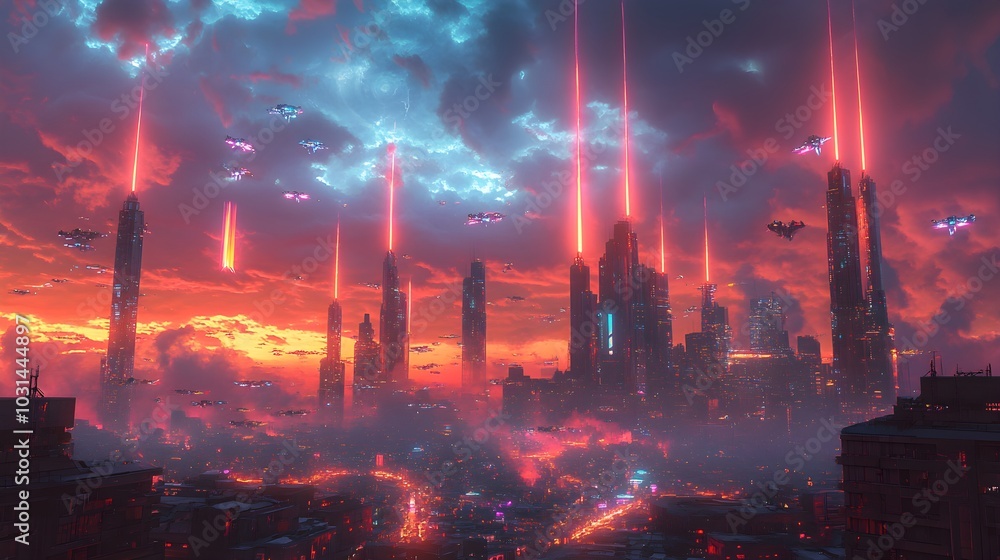 A dramatic depiction of a circular array of laser turrets protecting a ...