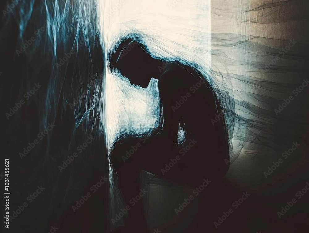 A dark room with a single figure shaking uncontrollably, highlighting ...