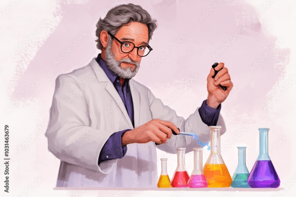 professor type with a bushy grey beard art style showing him conducting ...