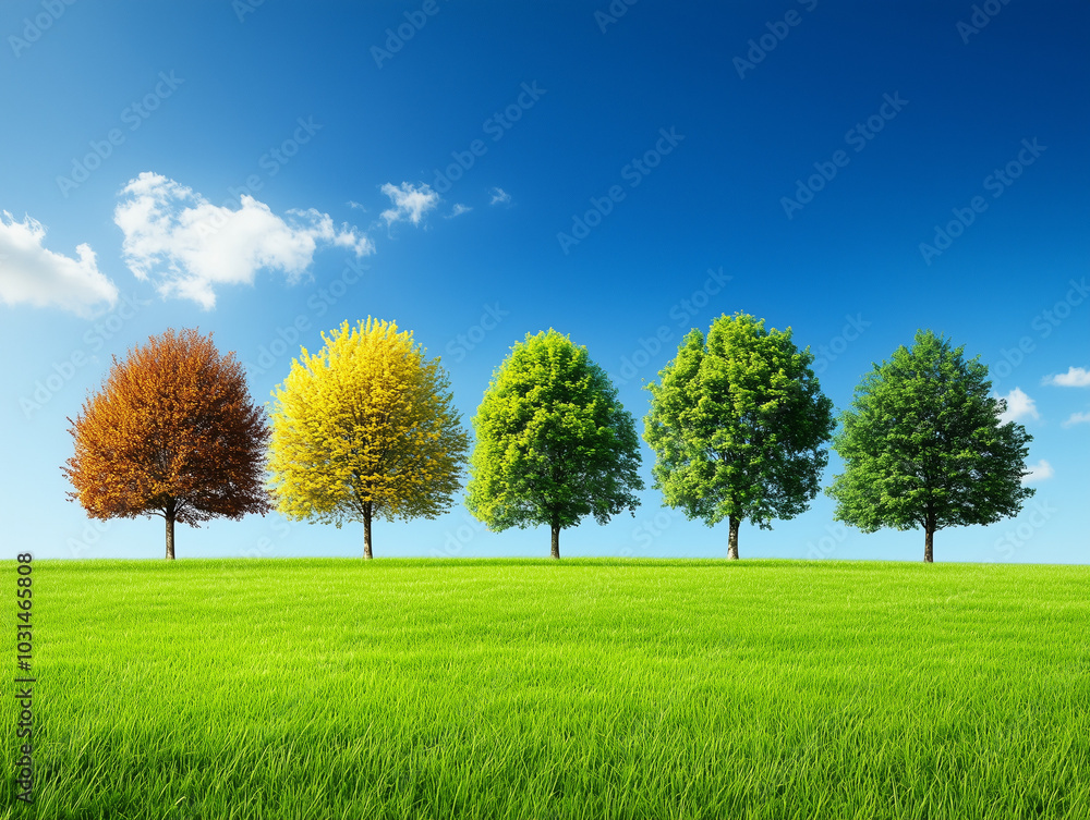 The image depicts five trees lined up in a row in a grassy field with a ...