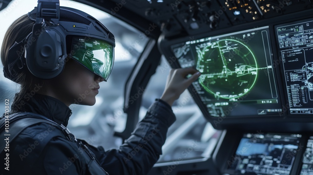 A pilot using a floating green holographic interface to track flight ...