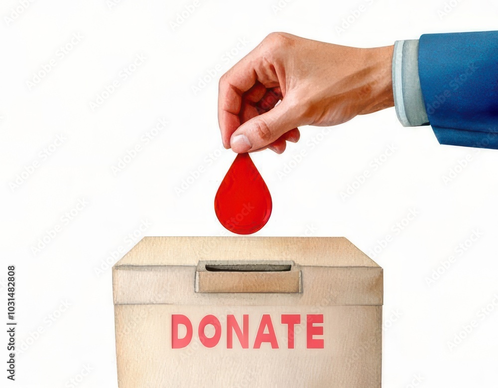 Hand placing a red drop in a donation box, promoting blood donation ...