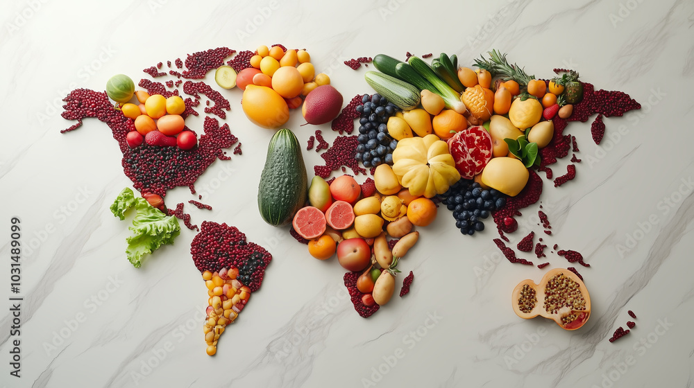 world map of fruits and vegetables on a light background Stock ...