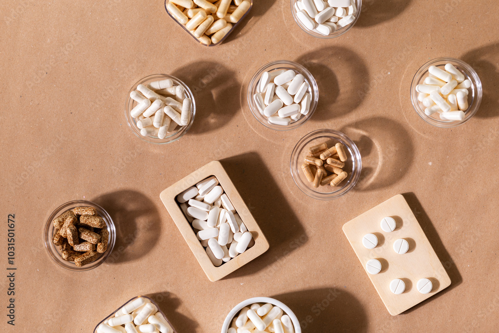 Organic dietary supplements, many capsules of vitamins and minerals in ...