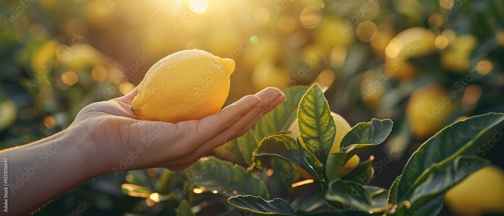 hand holding fresh lemon fruit with leaves and beautiful field of lemon ...