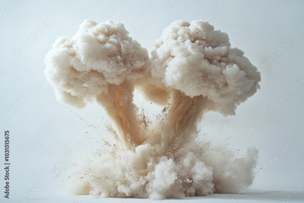 White explosion of smoke and dust billowing over a construction site ...