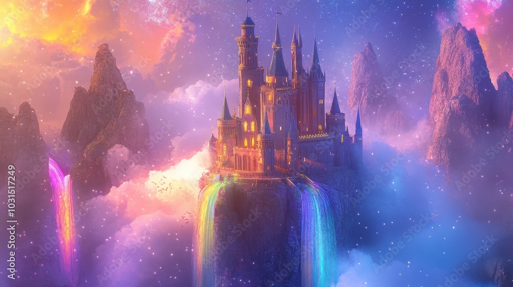 Magical Fantasy Castle on a Cloud with Rainbow Waterfalls and a Starry ...