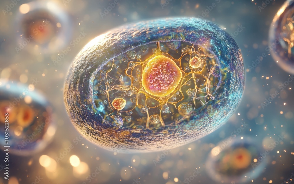 Microscopic View of a Cell with Nucleus, Endoplasmic Reticulum, and ...