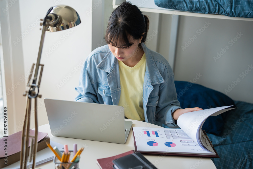 Student asian woman sitting on bed in dorm room college student Work or ...