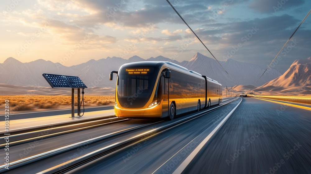 long distance electric bus is charging at solar powered station in ...