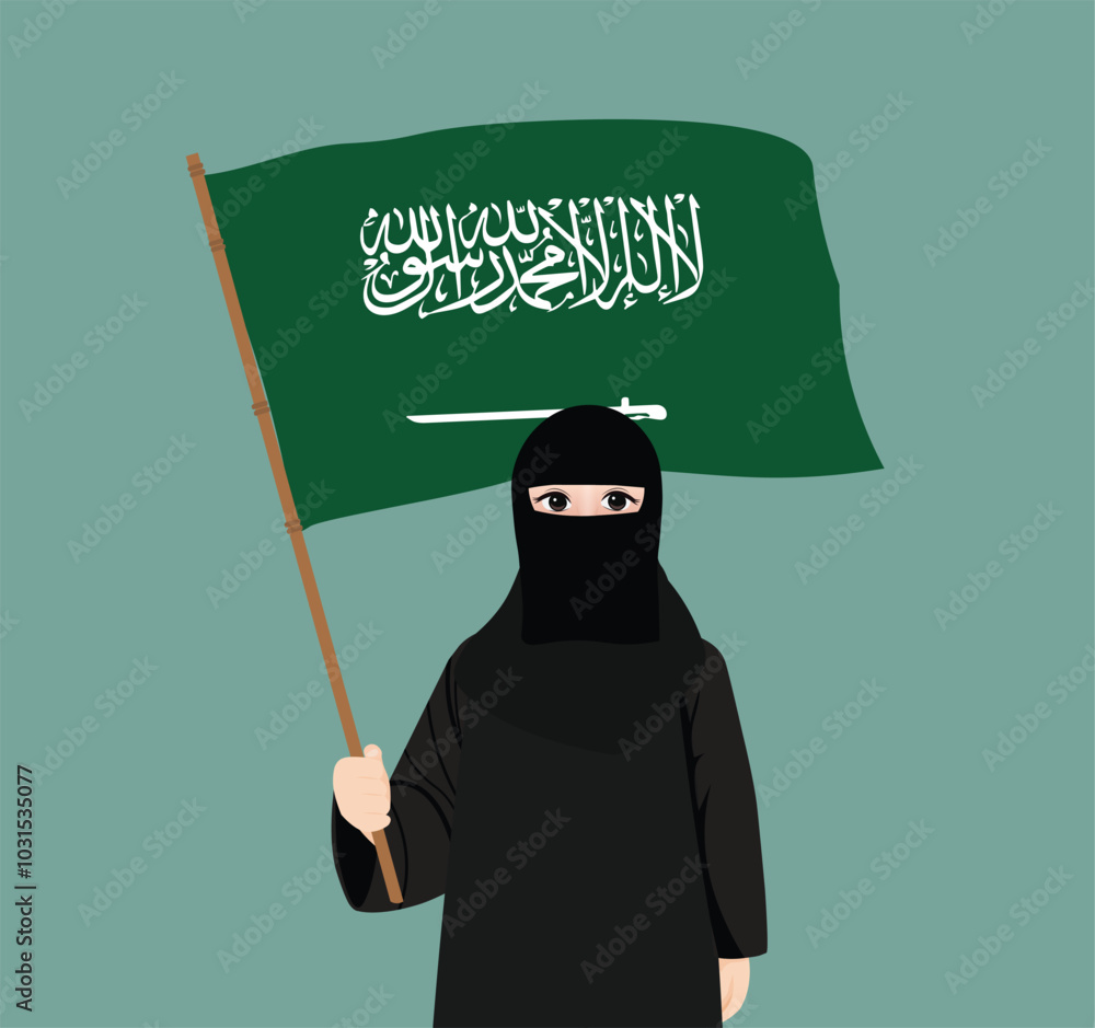 Arabic girl from Saudi Arabia holding flag of KSA Stock Vector | Adobe ...