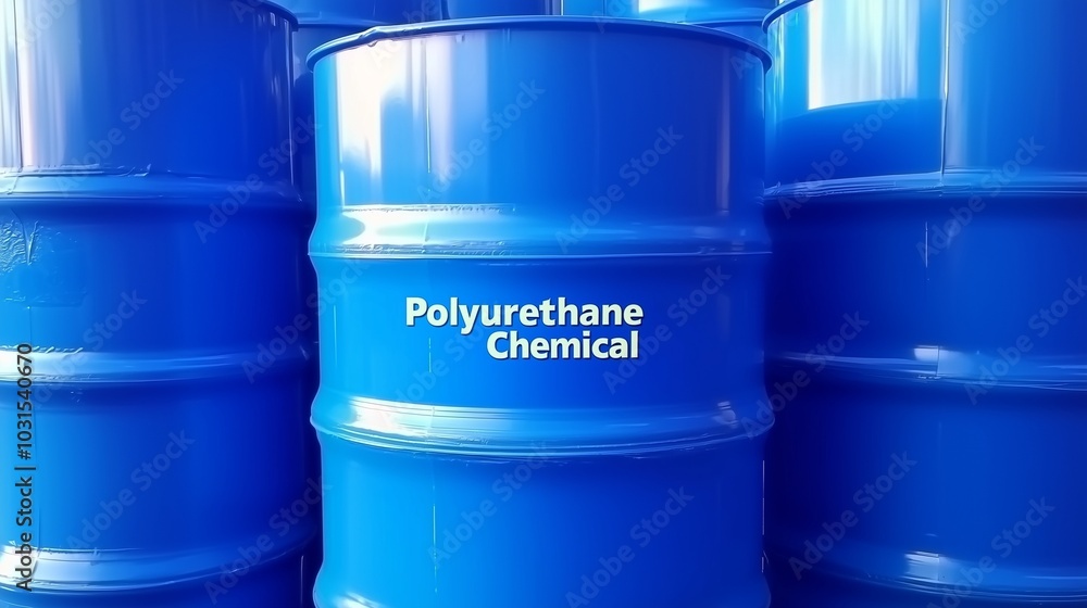 Blue plastic barrel labeled 'polyurethane chemical' among similar ...