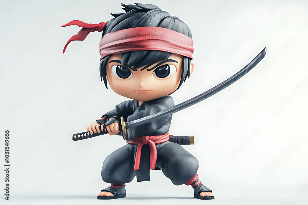 A chibi-style ninja character poses with a sword, showcasing a playful ...