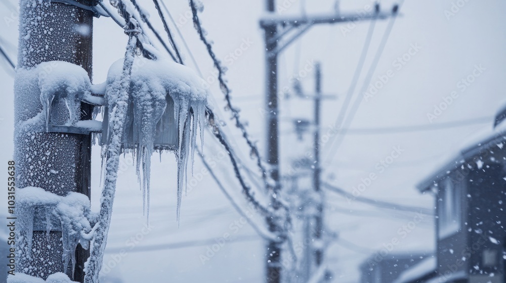 Snow and ice accumulation on power lines and rooftops, creating ...