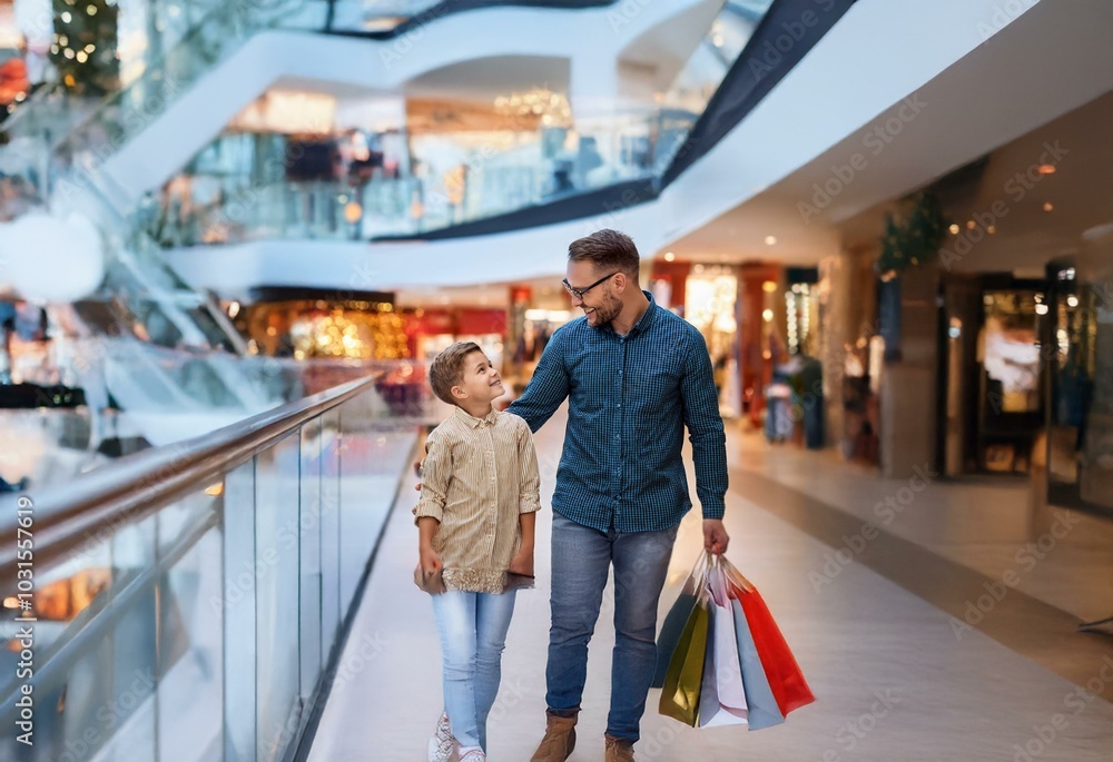 A man and a young boy walk through a shopping mall, carrying shopping ...