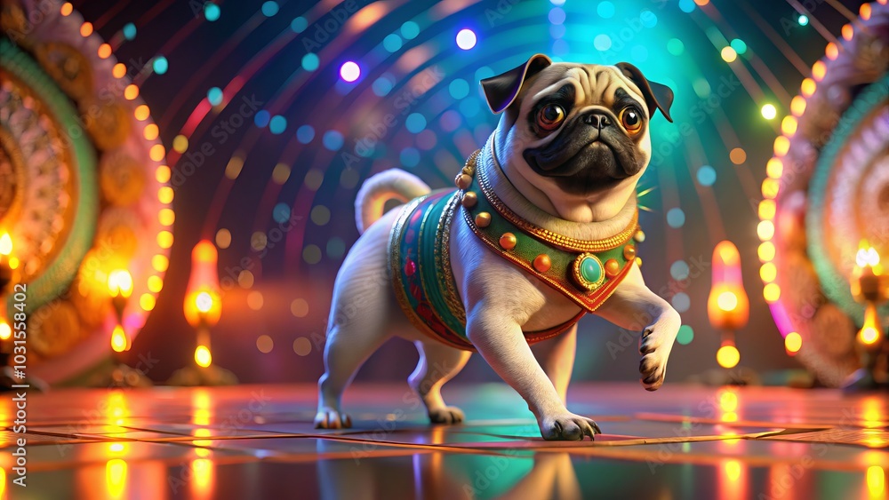 Small Pug Mimicking Traditional Onam Dance Steps in Futuristic Low ...