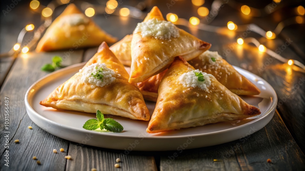 Tiropita Greek Feta Cheese Triangle Pies on White Plate Isolated with ...