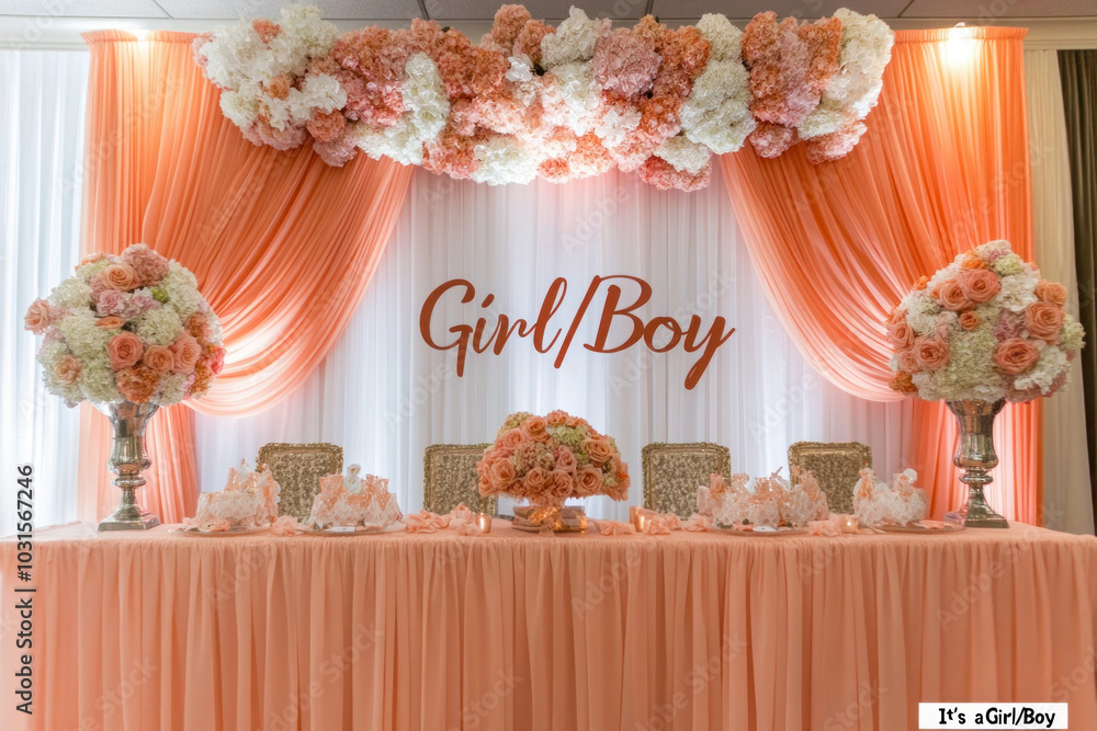 Elegant Indoor Baby Shower Setup With A Large "It's A Girl/Boy" Banner ...