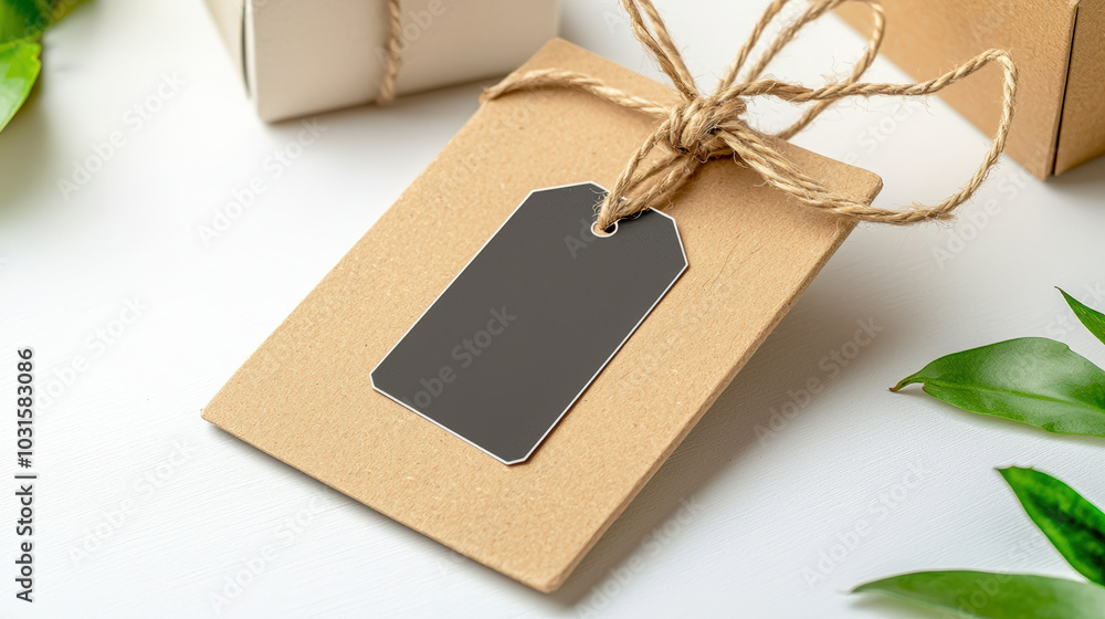 close up view of blank black sticker tag attached to kraft paper card ...
