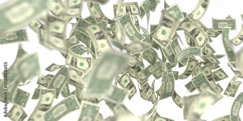 Lots of One US dollar bill falling depth of field transparent image 3d ...
