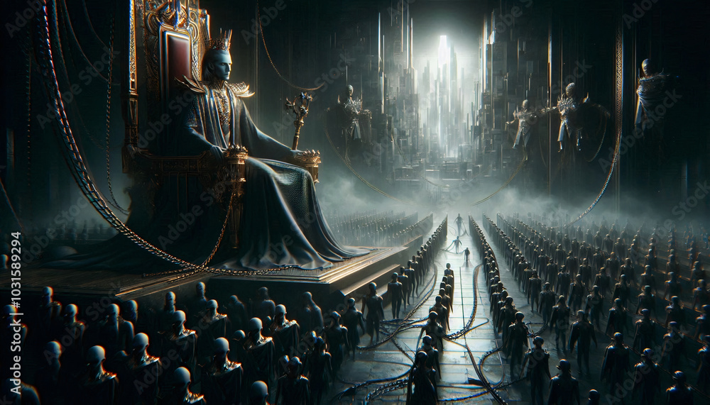 An imposing throne room with a colossal king seated on a golden throne ...