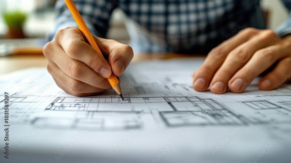 Manual Drafting of Architectural Plans on Paper. Close-up view of a ...