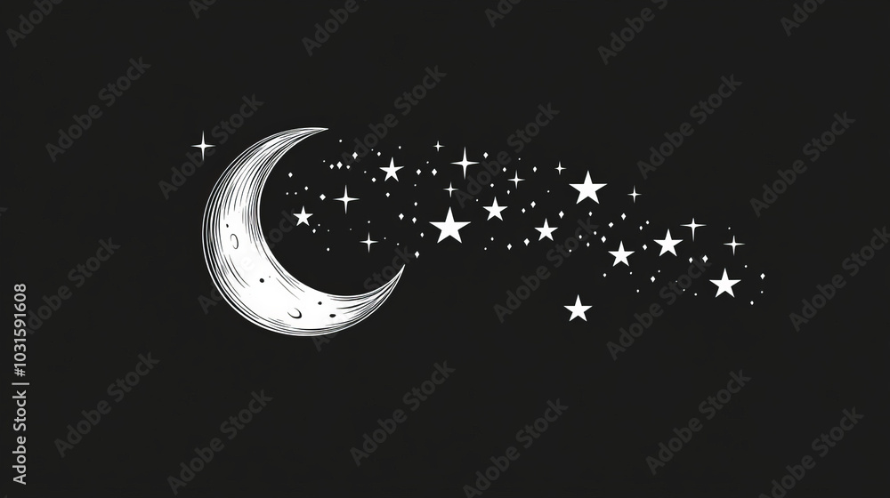 A simple drawing of a moon and stars, perfect for kids' clothes or ...