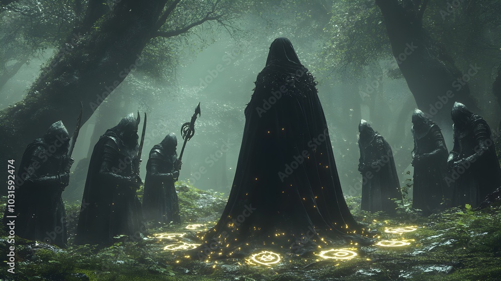 In a mist-filled forest, knights kneel before their queen in ceremonial ...