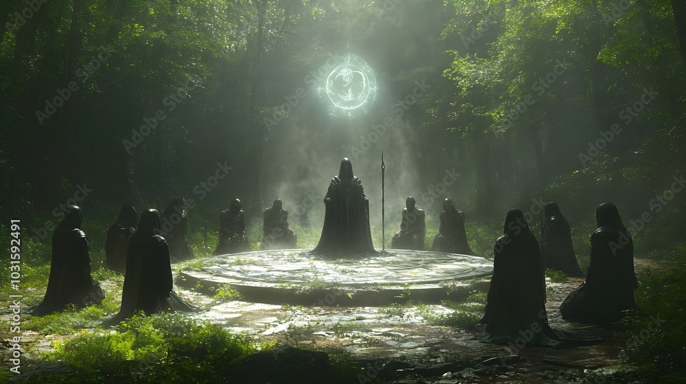 In a mist-filled forest, knights kneel before their queen in ceremonial ...