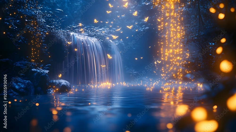 Mystical fairies in flight around a waterfall that glows with magical ...