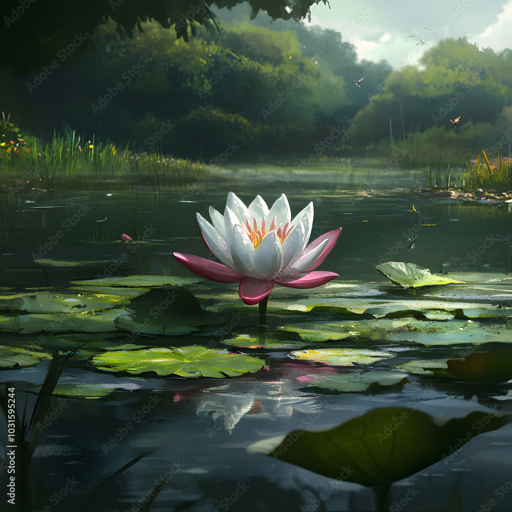 Beautiful white lotus flower on calm pond, surrounded by lush greenery and lily pads, serene ...