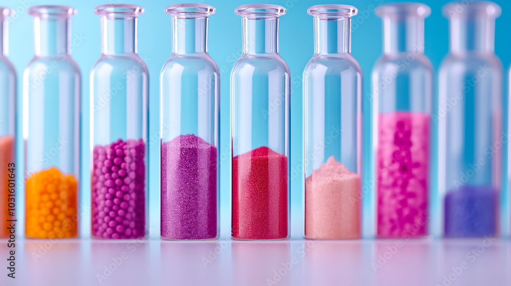 A series of clear glass vials containing an array of colored powders ...