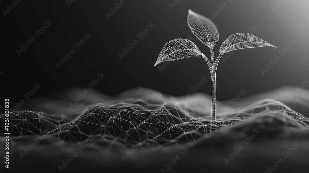 A simple, 3D image shows a plant sprout growing. It represents the idea ...