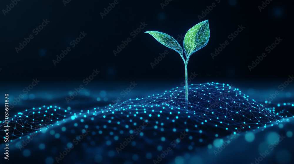 A simple, 3D image shows a plant sprout growing. It represents the idea ...
