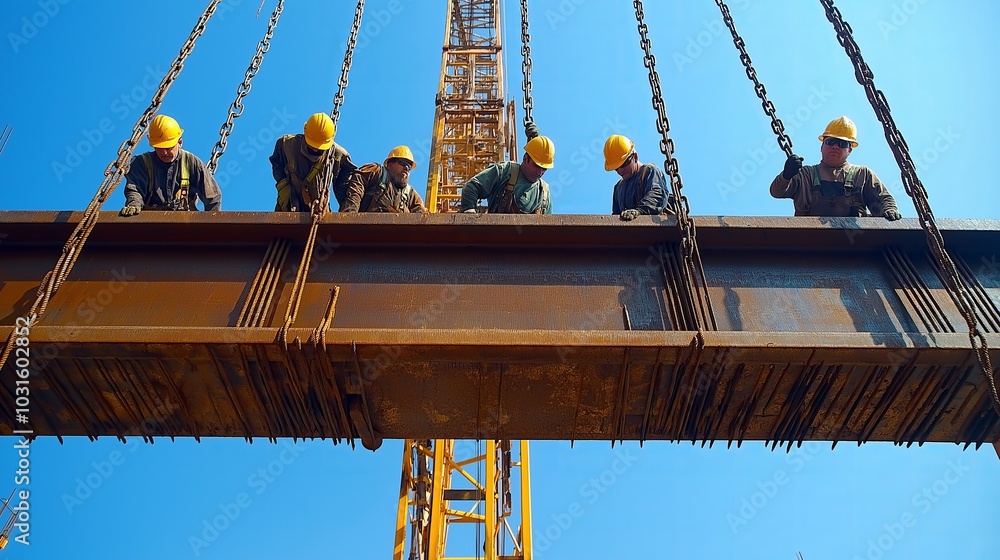 Construction workers in safety gear lifting a large steel beam on a ...