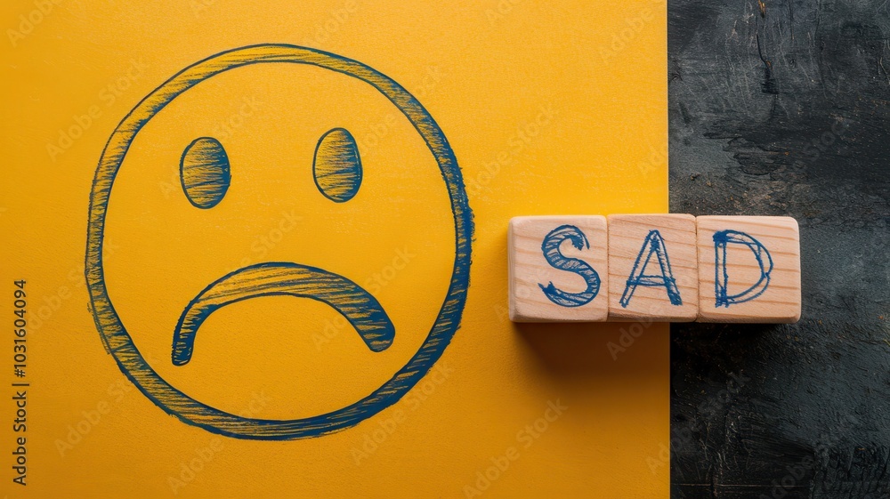 Sad face drawing with wooden blocks spelling sad on a vibrant ...