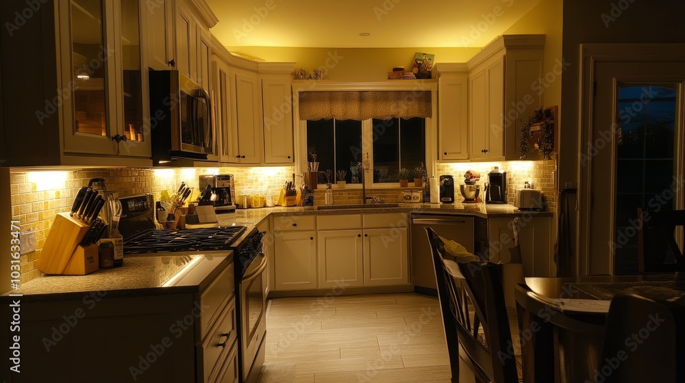 Elegant kitchen with bright overhead lighting, under-cabinet task ...