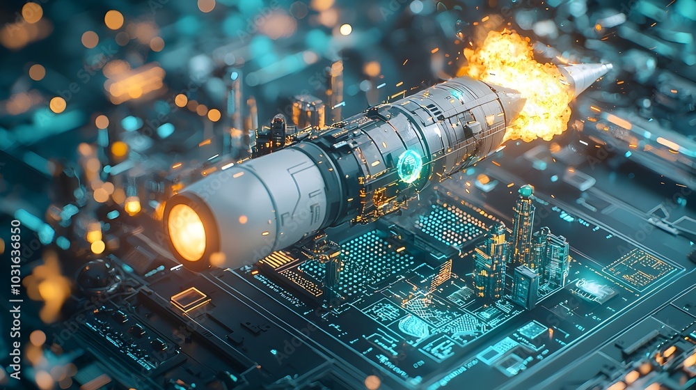 simulation of a futuristic digital city under a missile attack with ...