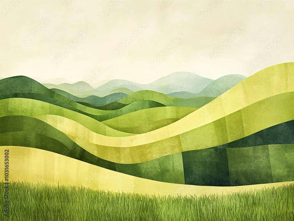 2408 8.A geometric countryside landscape featuring fields of rice and ...
