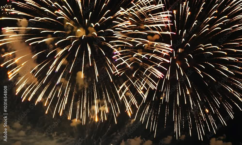 Fireworks display in the night sky with red and white smoke trails ...