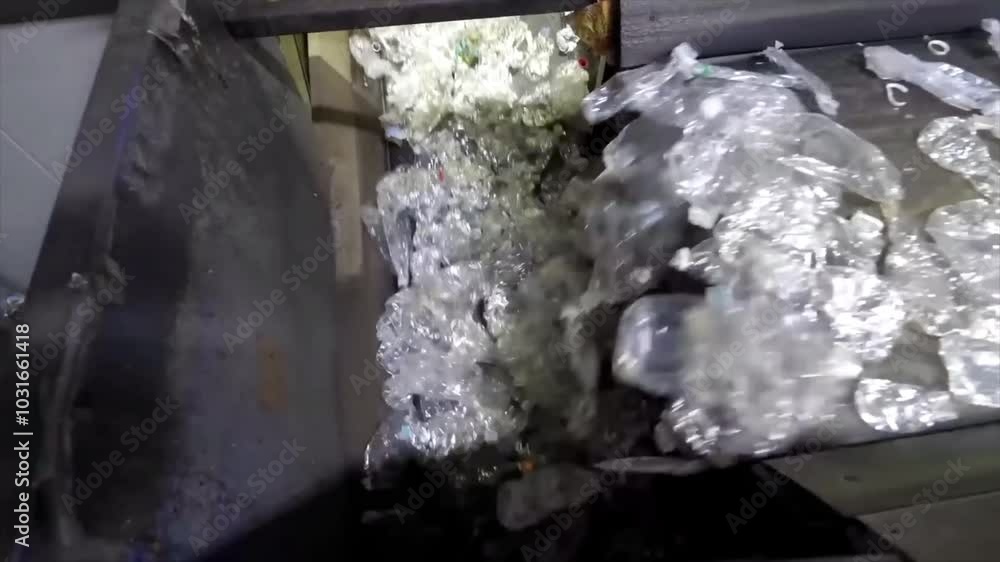 Plastic recycling plant. Conveyor with shredded plastic from PET ...
